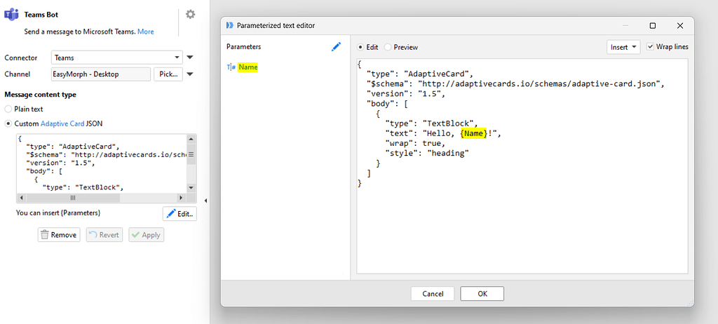 Adaptive Cards JSON and Parameters - EasyMorph Community - Data preparation professionals and ...