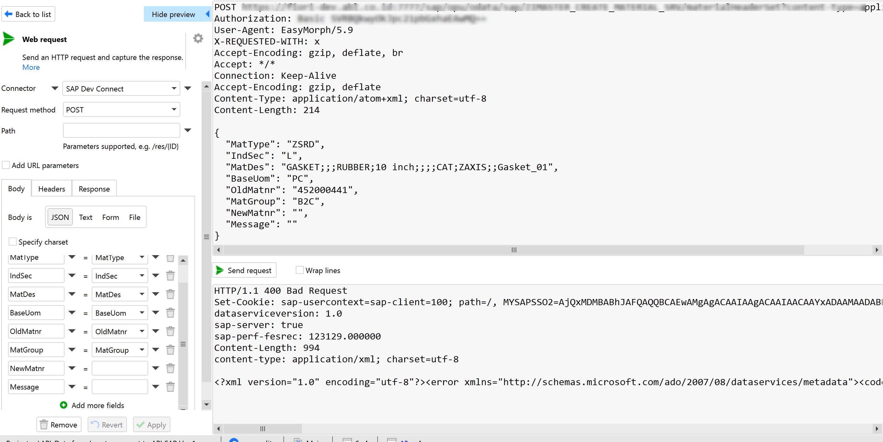 Missing Element in SAP API POST Request - EasyMorph Community - Data ...